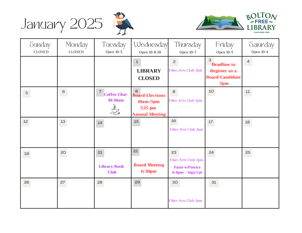 The Library Monthly Calendar – Bolton Free Library