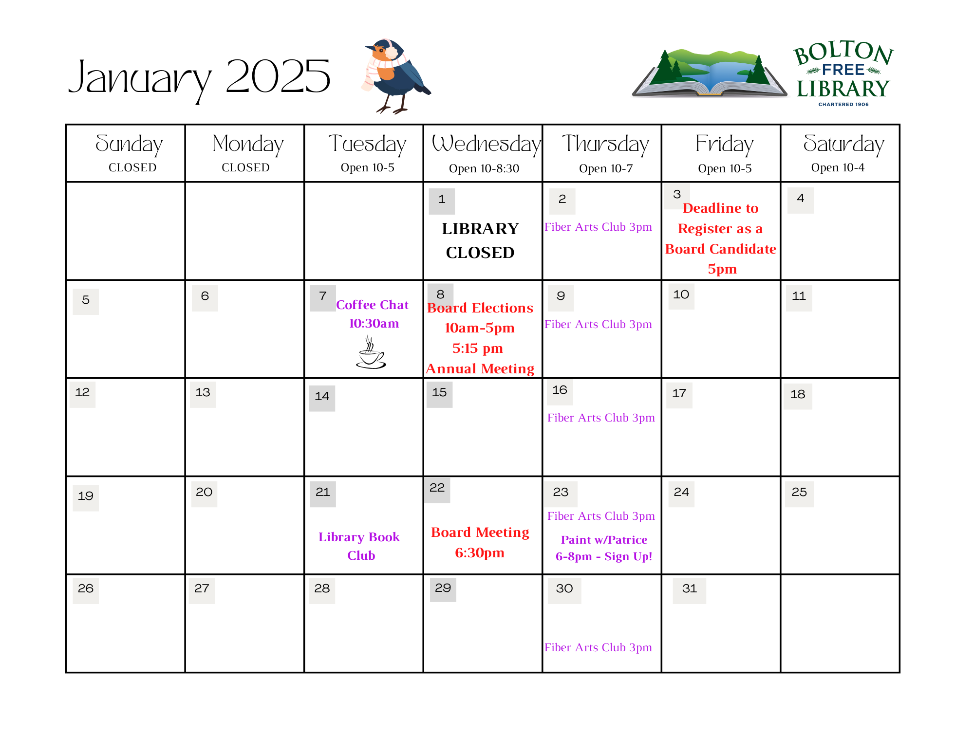 The Library Monthly Calendar – Bolton Free Library