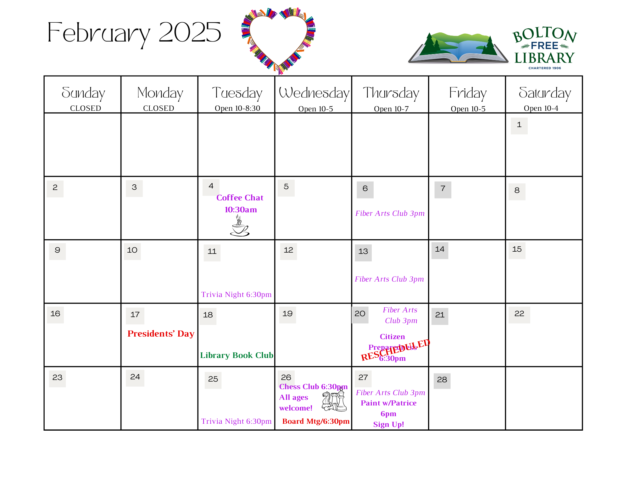 The Library Monthly Calendar – Bolton Free Library