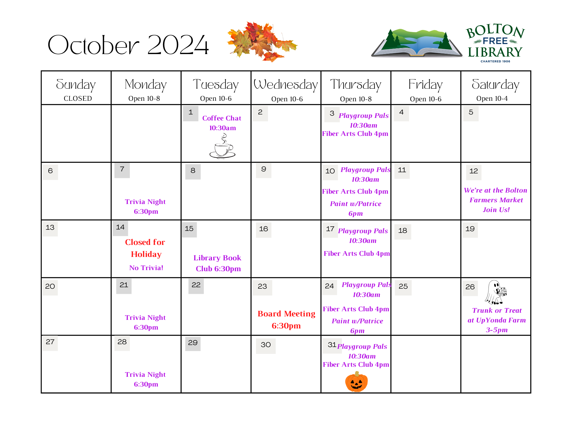 The Library Monthly Calendar – Bolton Free Library
