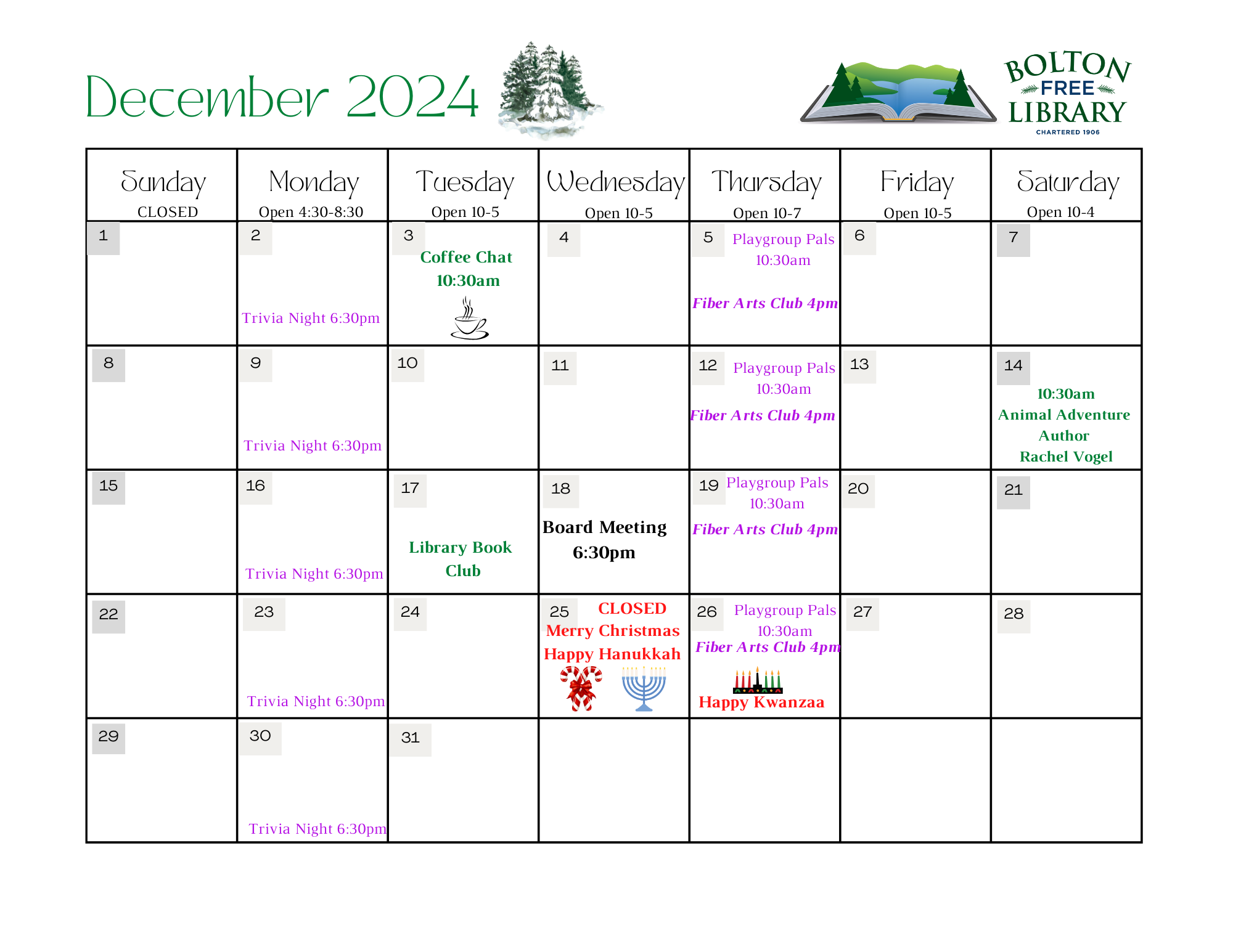 The Library Monthly Calendar – Bolton Free Library