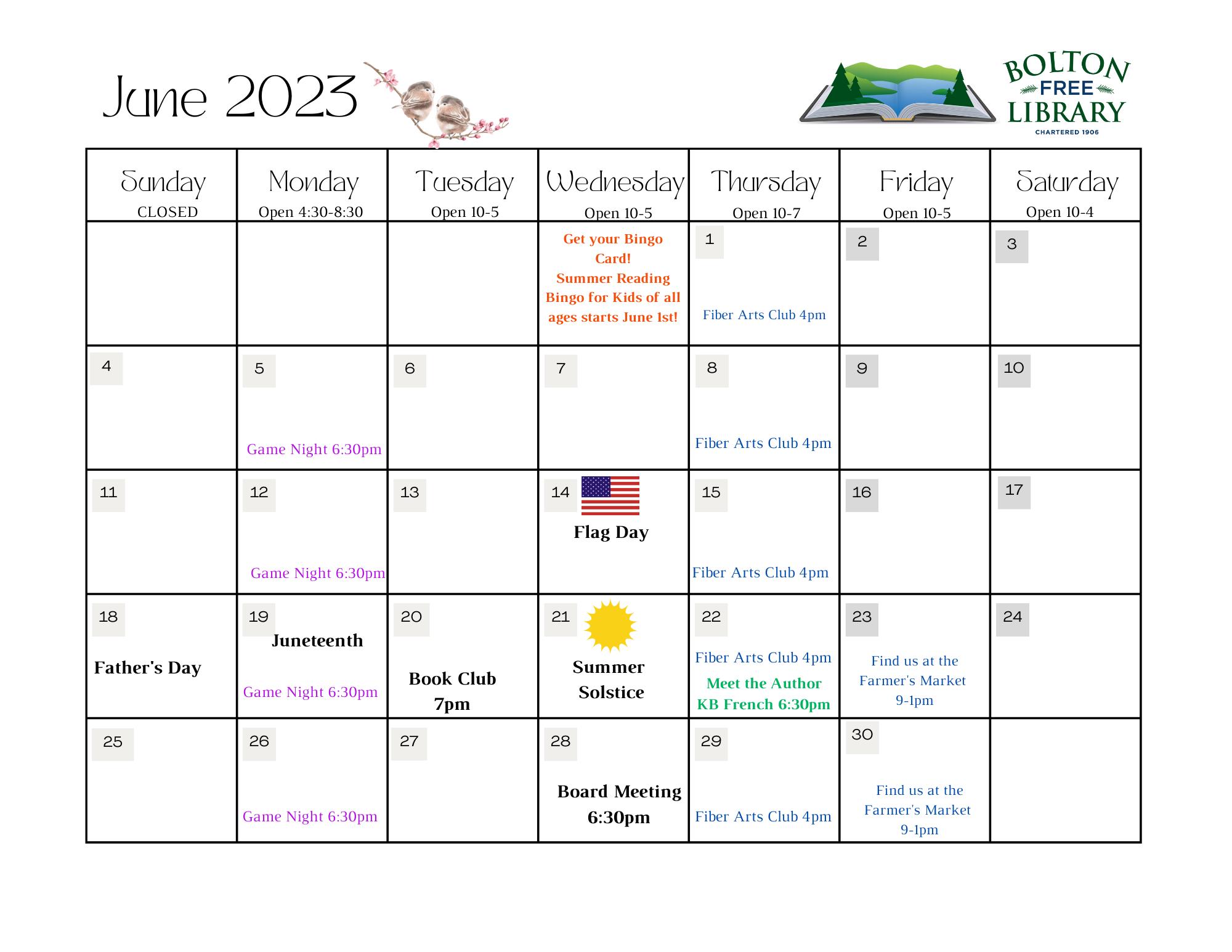 The Library Monthly Calendar – Bolton Free Library