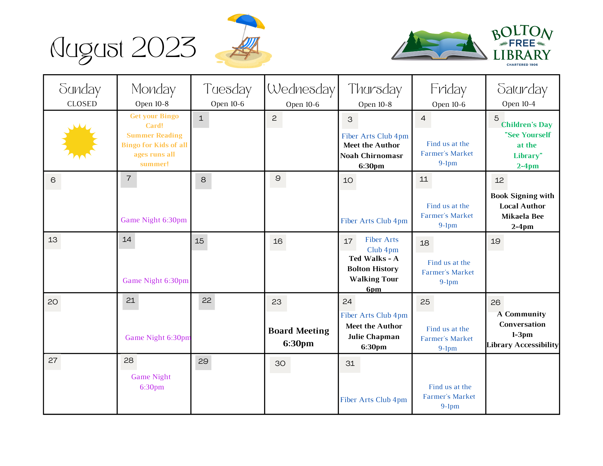 The Library Monthly Calendar – Bolton Free Library