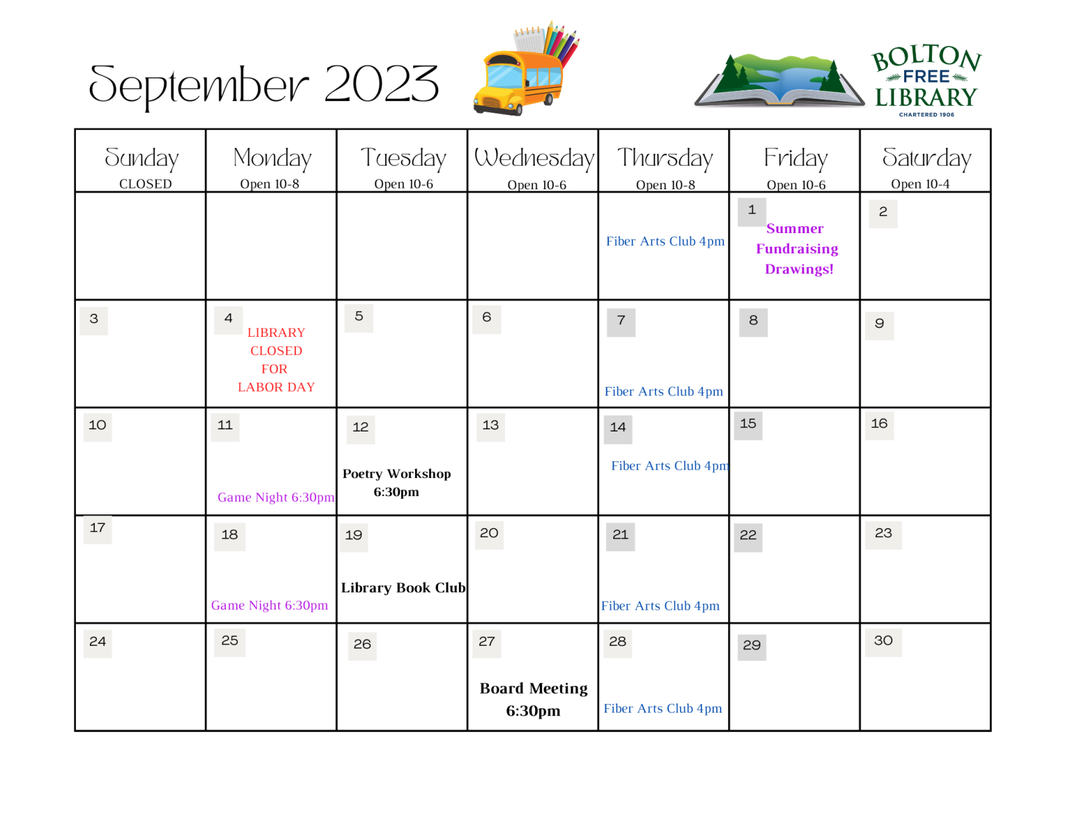 The Library Monthly Calendar – Bolton Free Library