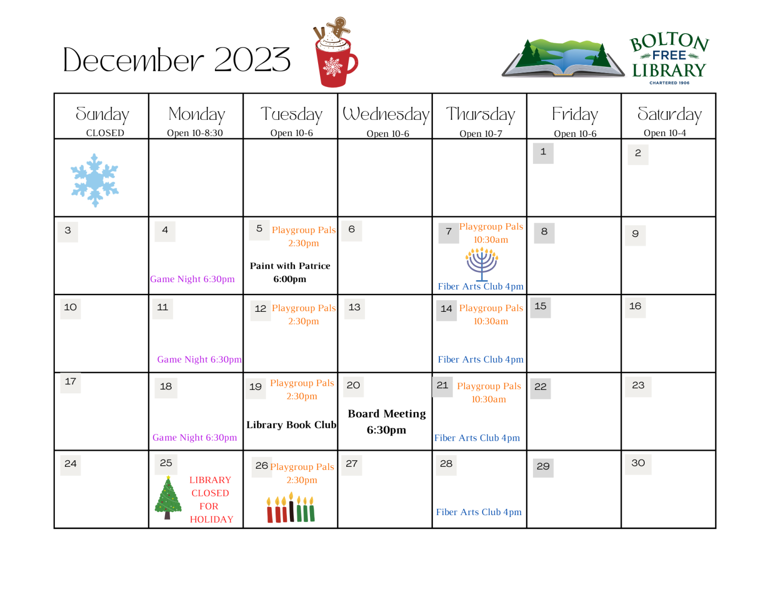 The Library Monthly Calendar – Bolton Free Library