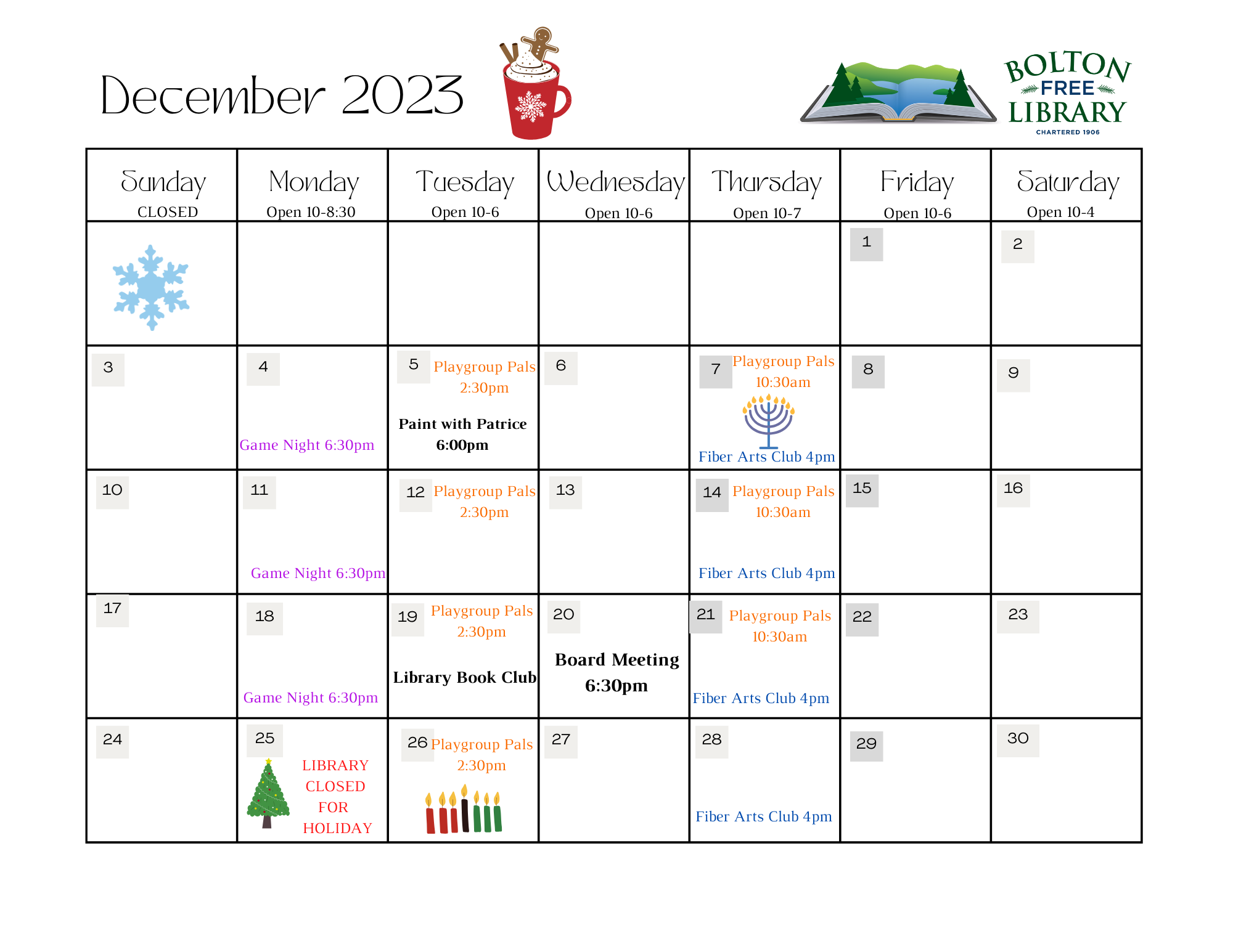 The Library Monthly Calendar – Bolton Free Library