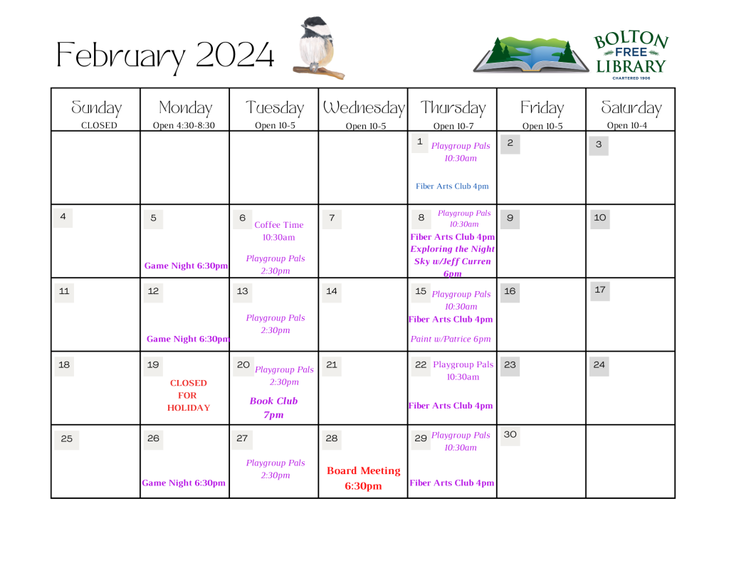The Library Monthly Calendar – Bolton Free Library