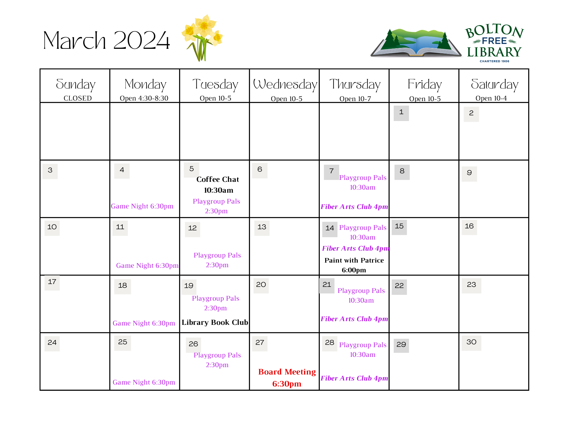 The Library Monthly Calendar – Bolton Free Library