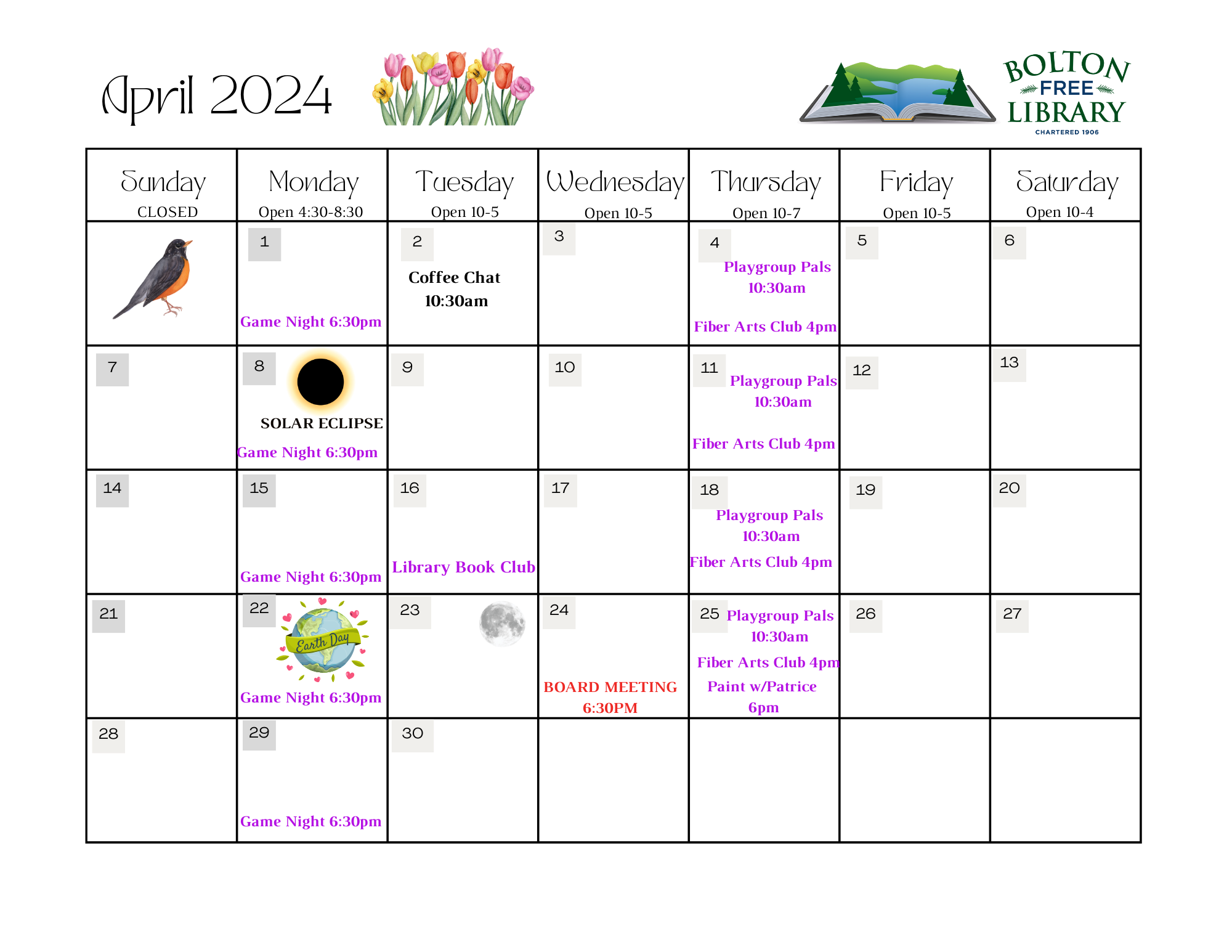 The Library Monthly Calendar – Bolton Free Library