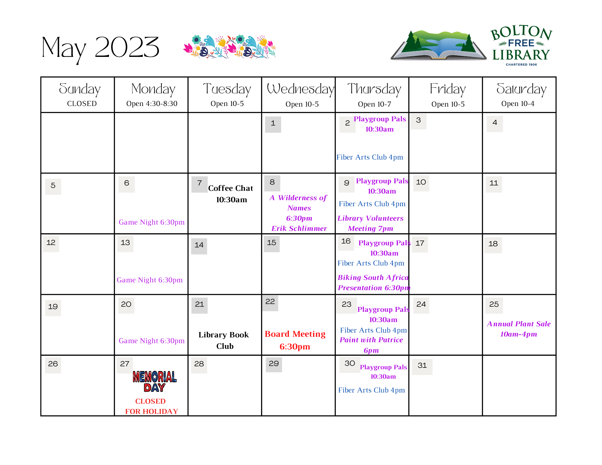 The Library Monthly Calendar – Bolton Free Library