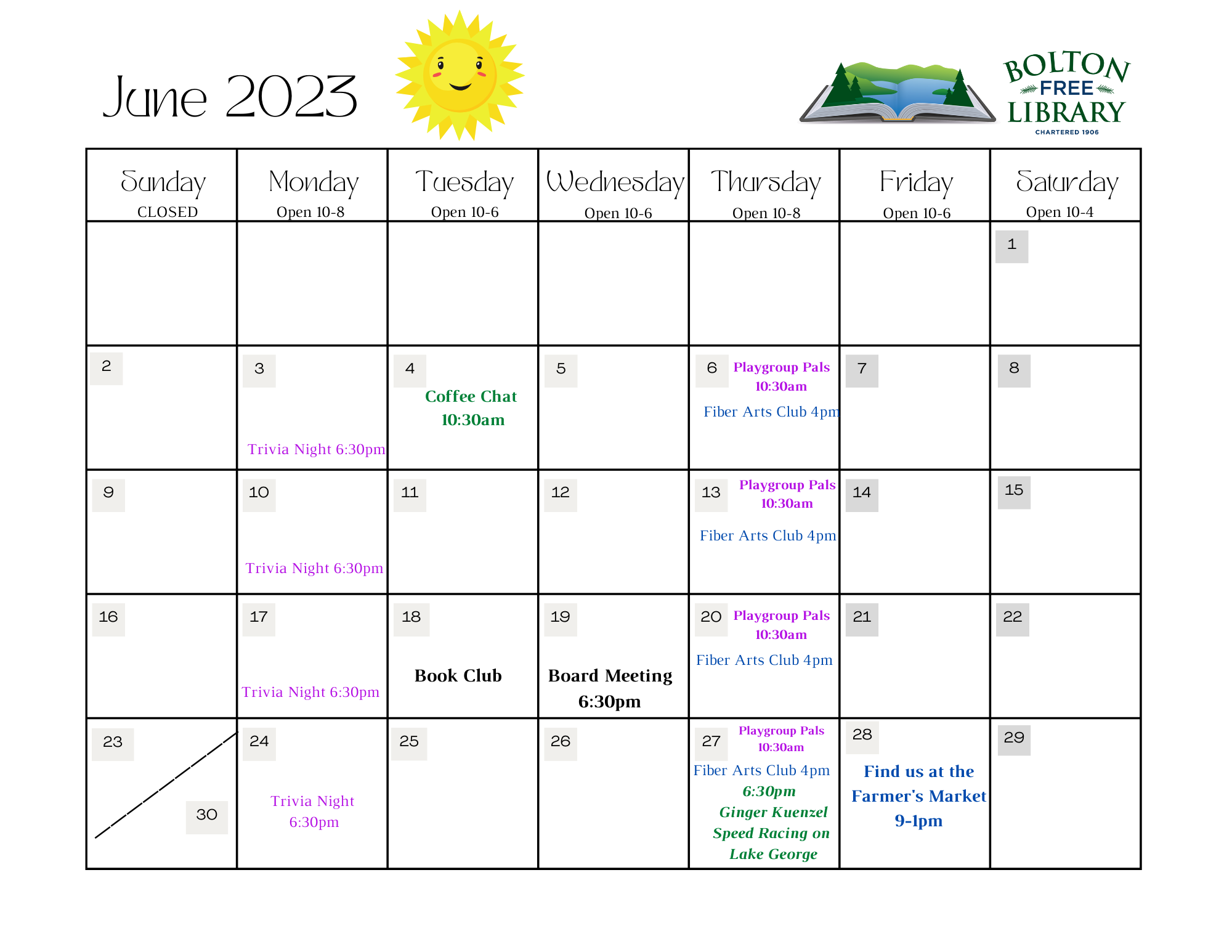 The Library Monthly Calendar – Bolton Free Library