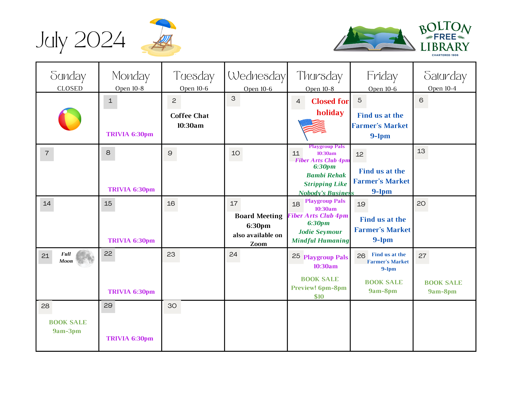 The Library Monthly Calendar – Bolton Free Library